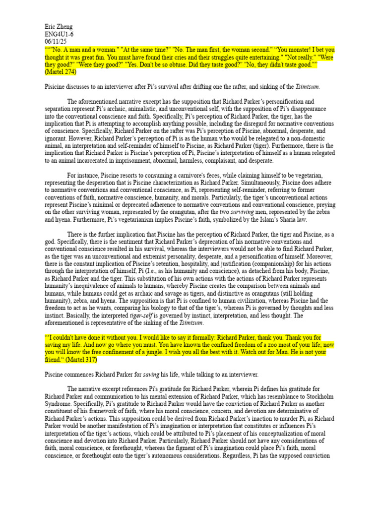 S4 Life of Pi Discussion Questions (ENG4U1-6) | PDF | Conscience