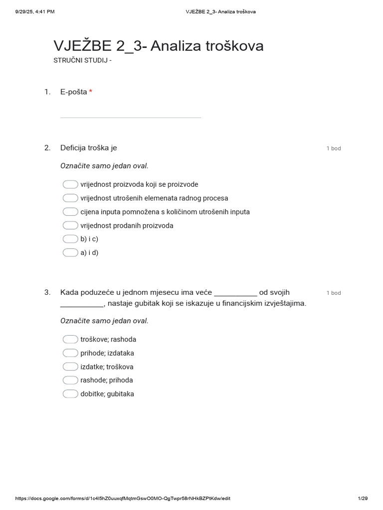 Vježbe 2 - 3 - Analiza Troškova - Google Obrasci | PDF