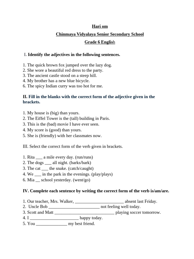 Grade 6 English Adjective and Verb Exercises | PDF