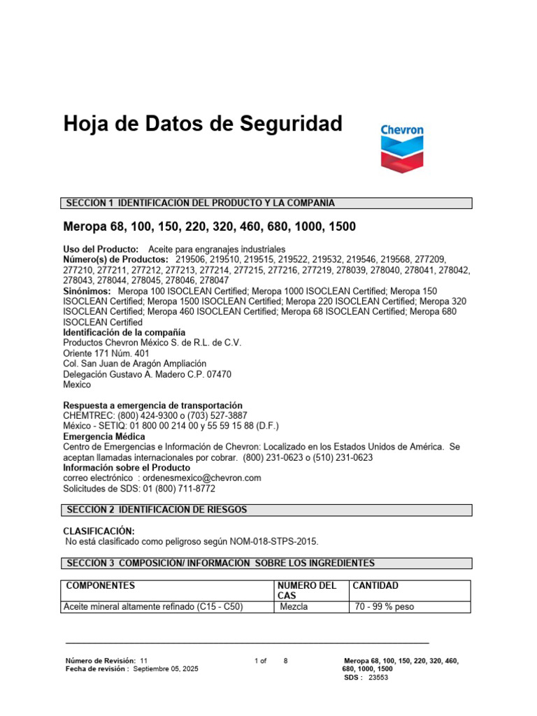 Hoja de Datos de Seguridad: Meropa 68, 100, 150, 220, 320, 460, 680 ...