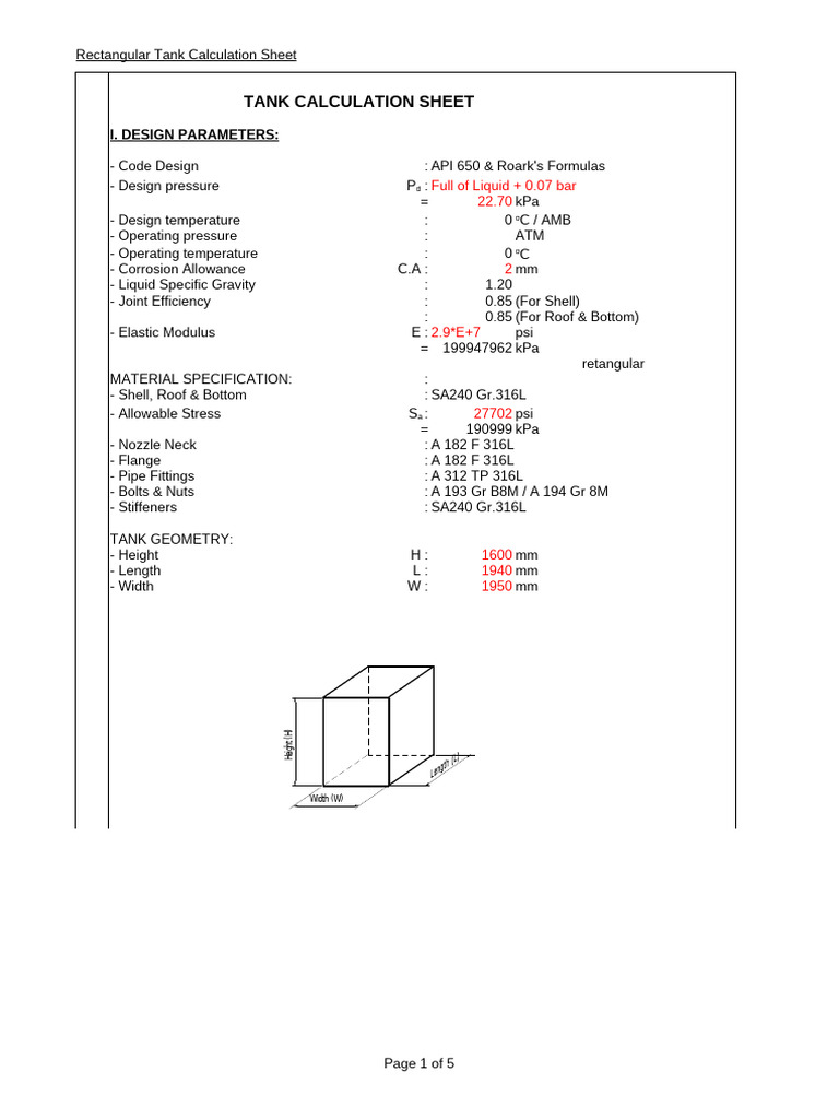 Rectangular Tank Design Calculations | PDF | Solid Mechanics ...