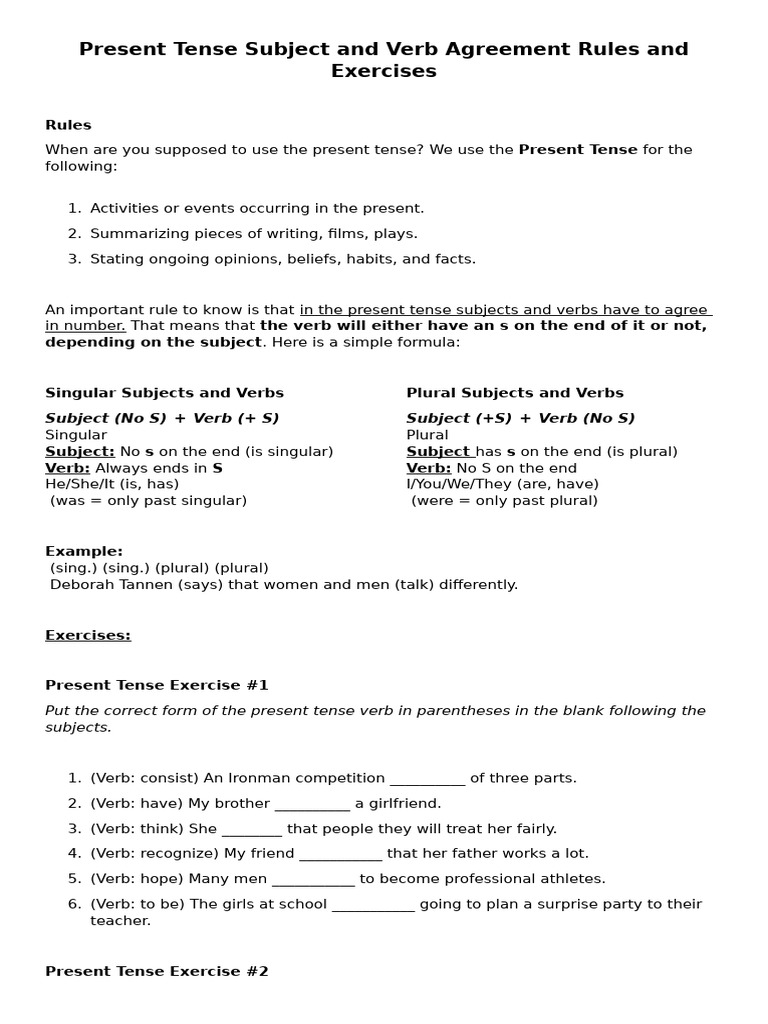 Present Tense Subject and Verb Agreement Rules and Exercises | PDF ...