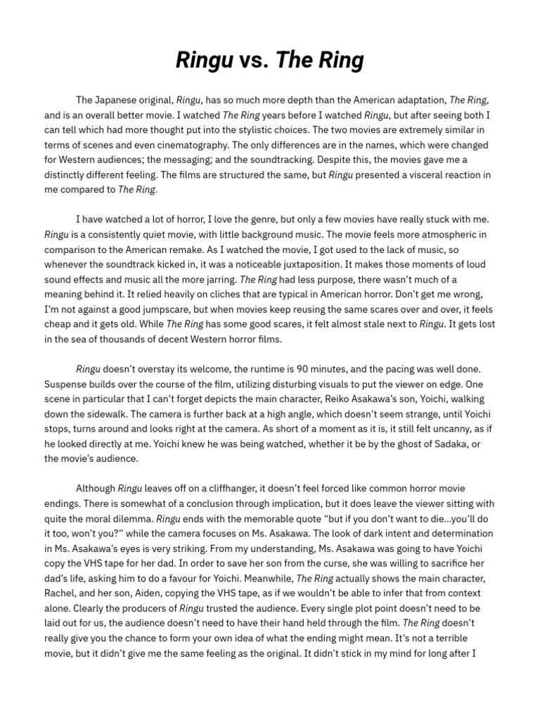 Becca H. - Ringu vs. The Ring Essay | PDF | Horror Films