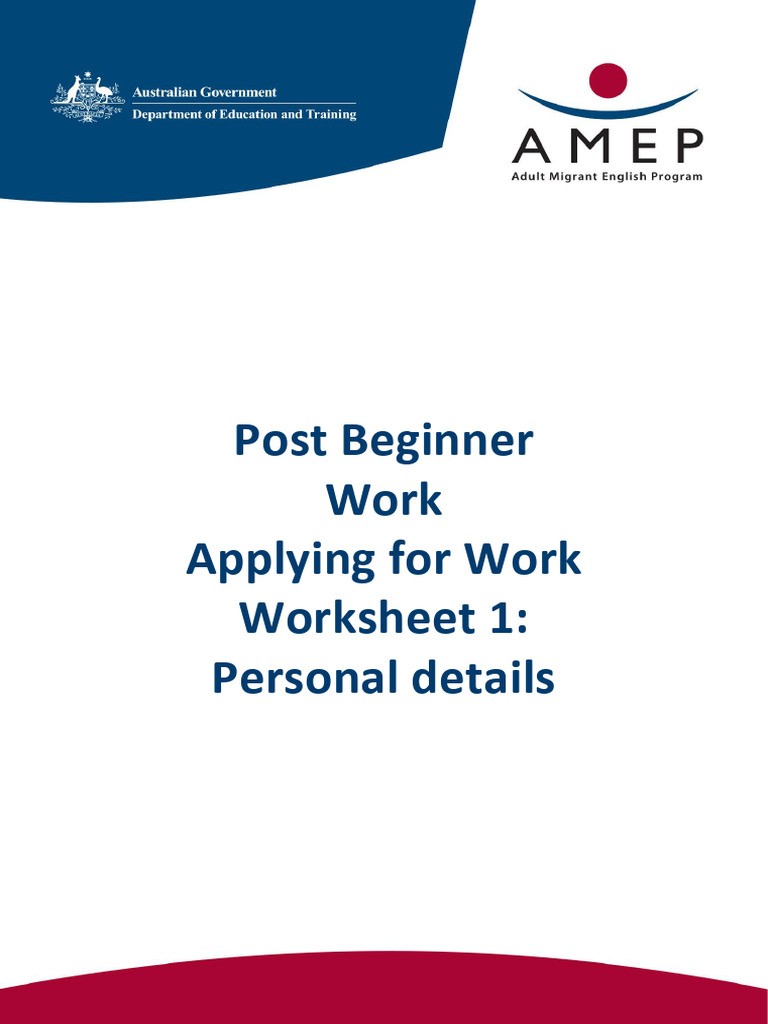 Post Beginner Work Applying For Work Worksheet 1 Personal Details | PDF ...