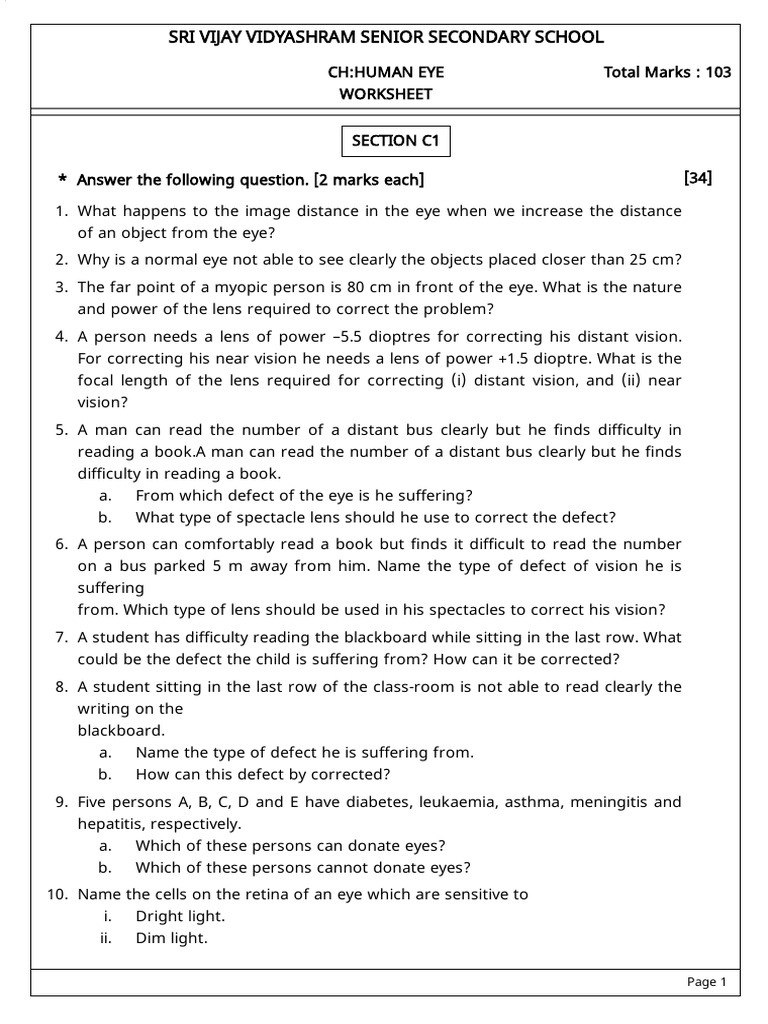 Human Eye Defects and Corrections Worksheet | PDF | Eye | Myopia