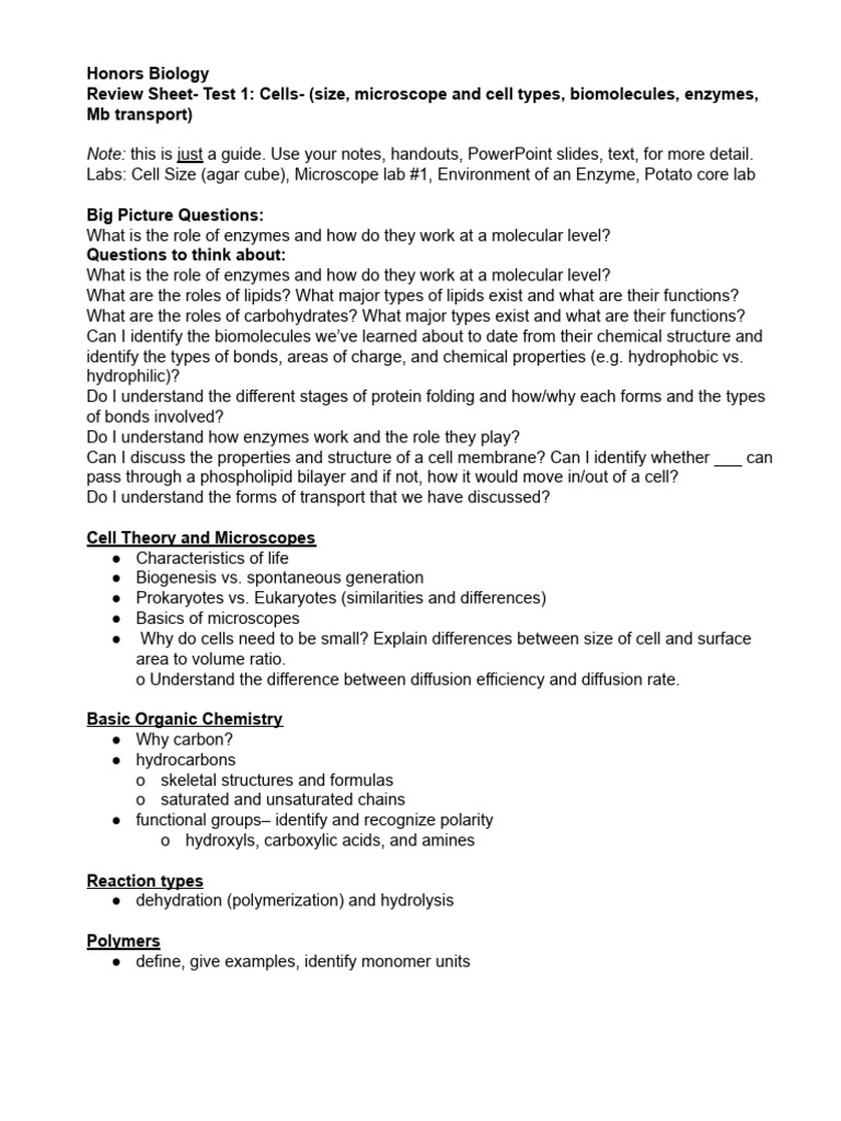 Unit 1 Review Honors Bio Test 2025 | PDF | Carbohydrates | Cell (Biology)