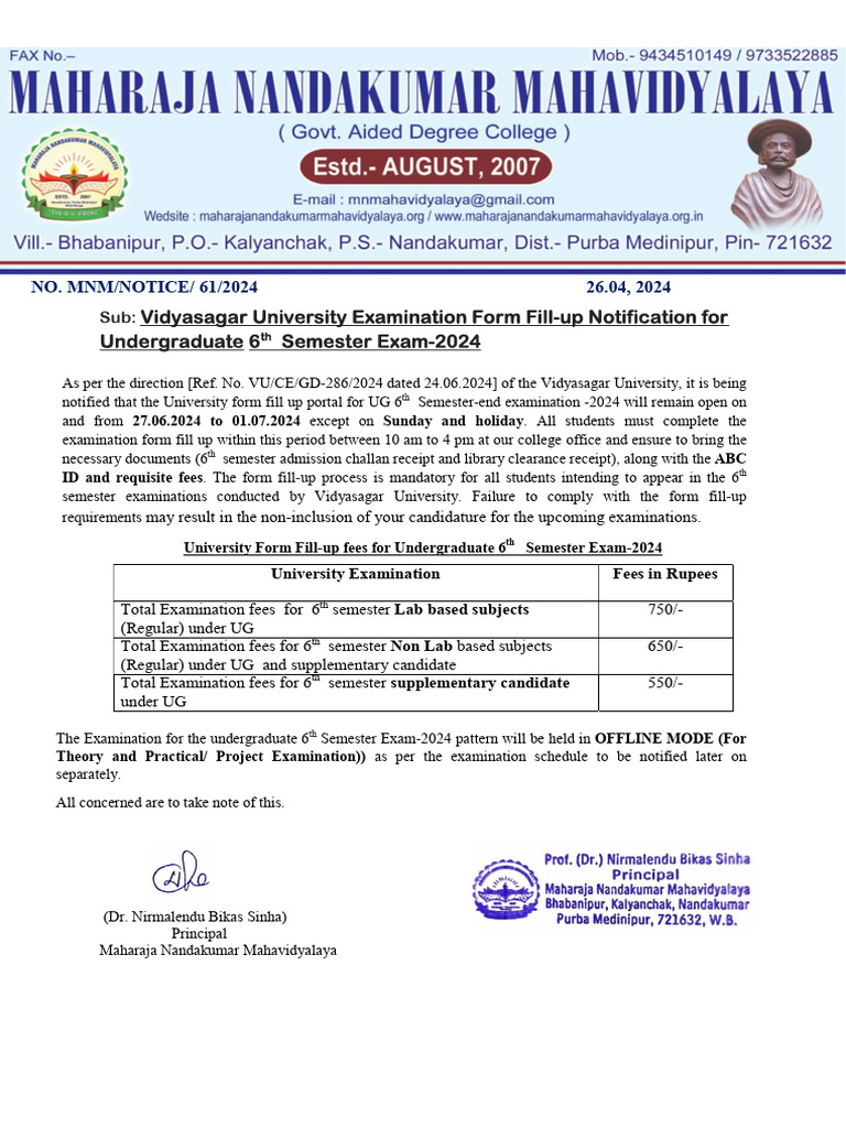 61 - MNM - NOTICE - 6th Sem University Form Fill Up - 2024 | PDF
