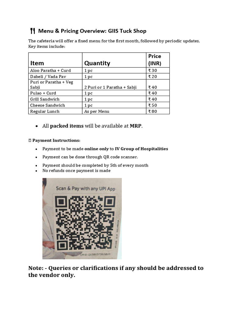GIIS Tuck Shop Menu & Pricing Details | PDF