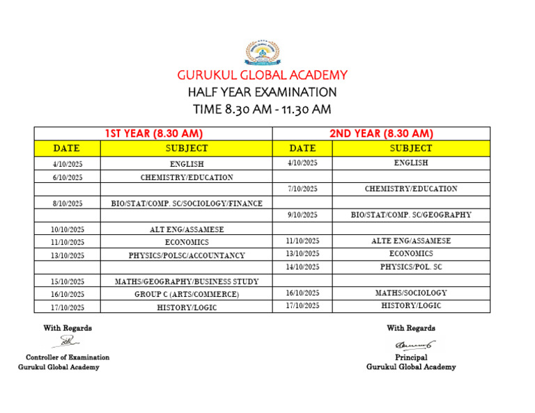 Half Yearly Routine (Both Year) 2025 | PDF