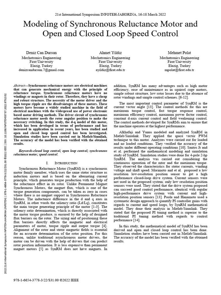 Modeling of Synchronous Reluctance Motor and Open and Closed Loop Speed ...