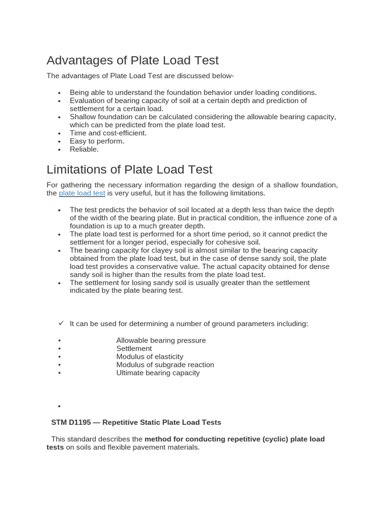 Benefits and Limitations of Plate Load Test | PDF | Structural Load ...