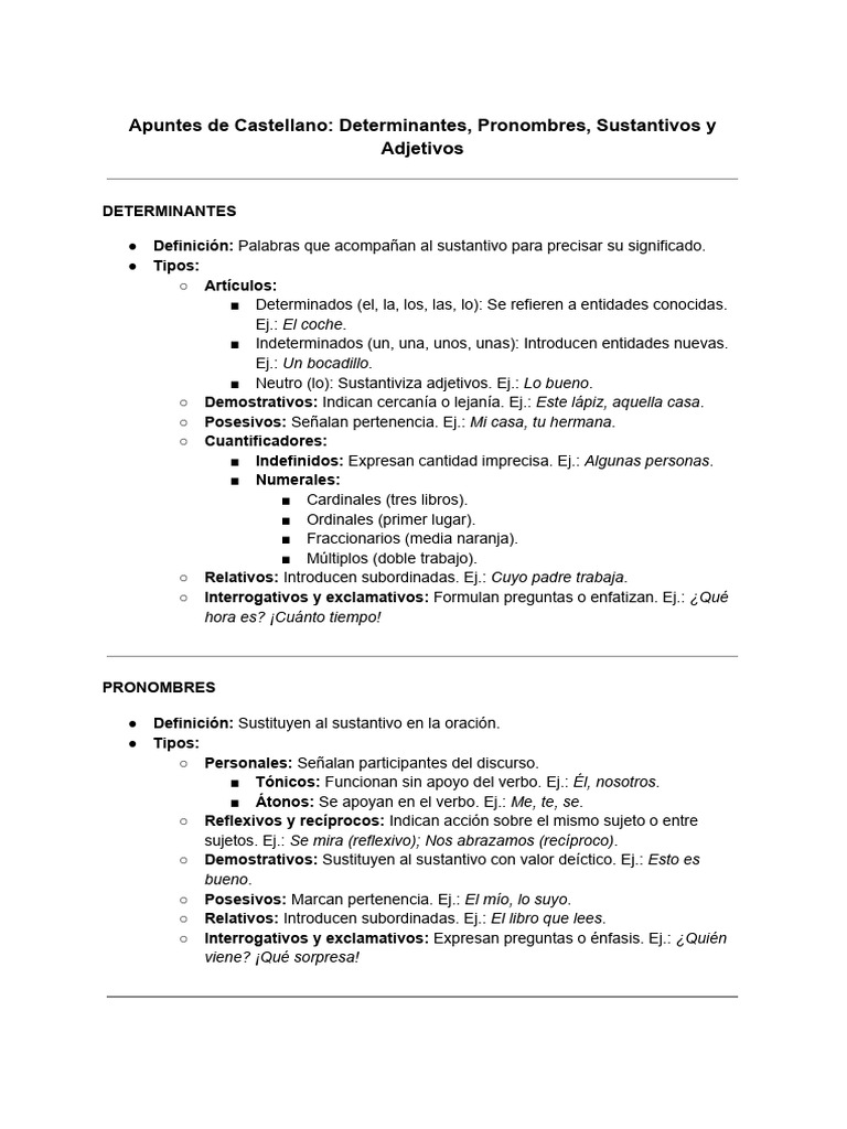 Apuntes de Castellano - Determinantes, Pronombres, Sustantivos y ...