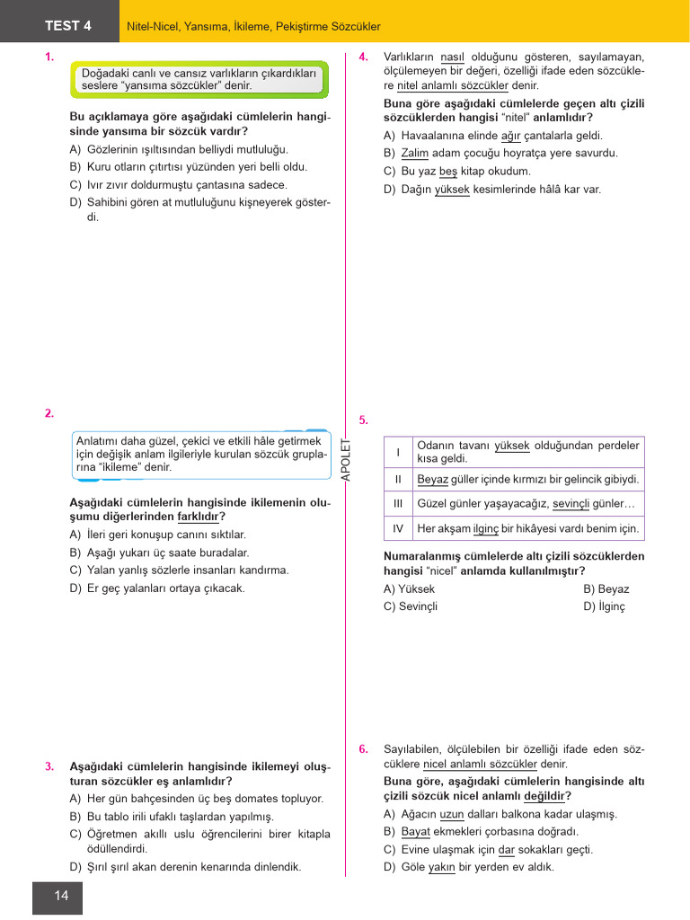 Apolet 7.sinif Türkçe Test 4-5-6 | PDF