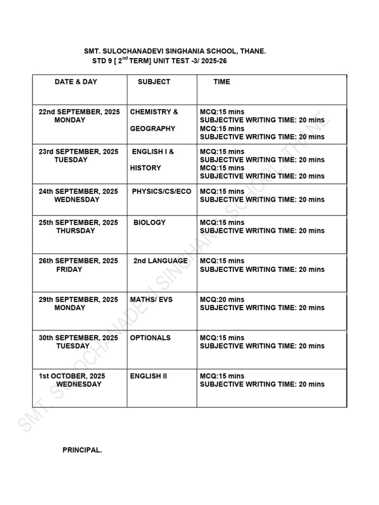 Std 9 Unit Test Schedule 2025-26 | PDF