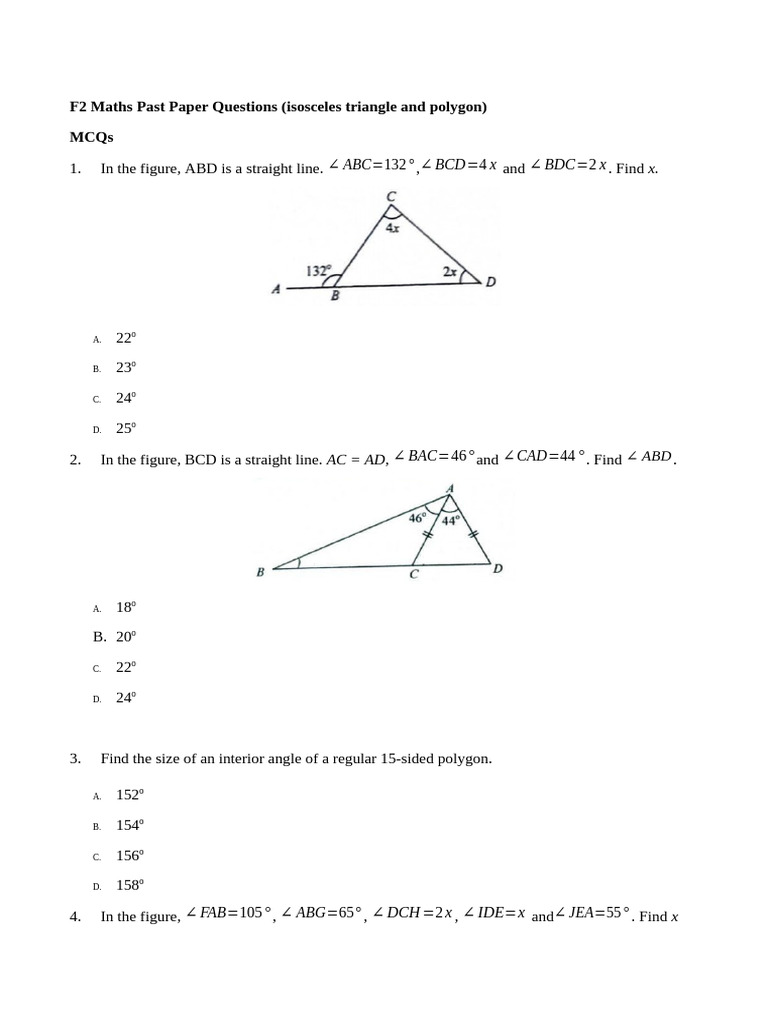 F2 Maths Past Paper Questions (Isosceles Triangle and Polygon) | PDF ...