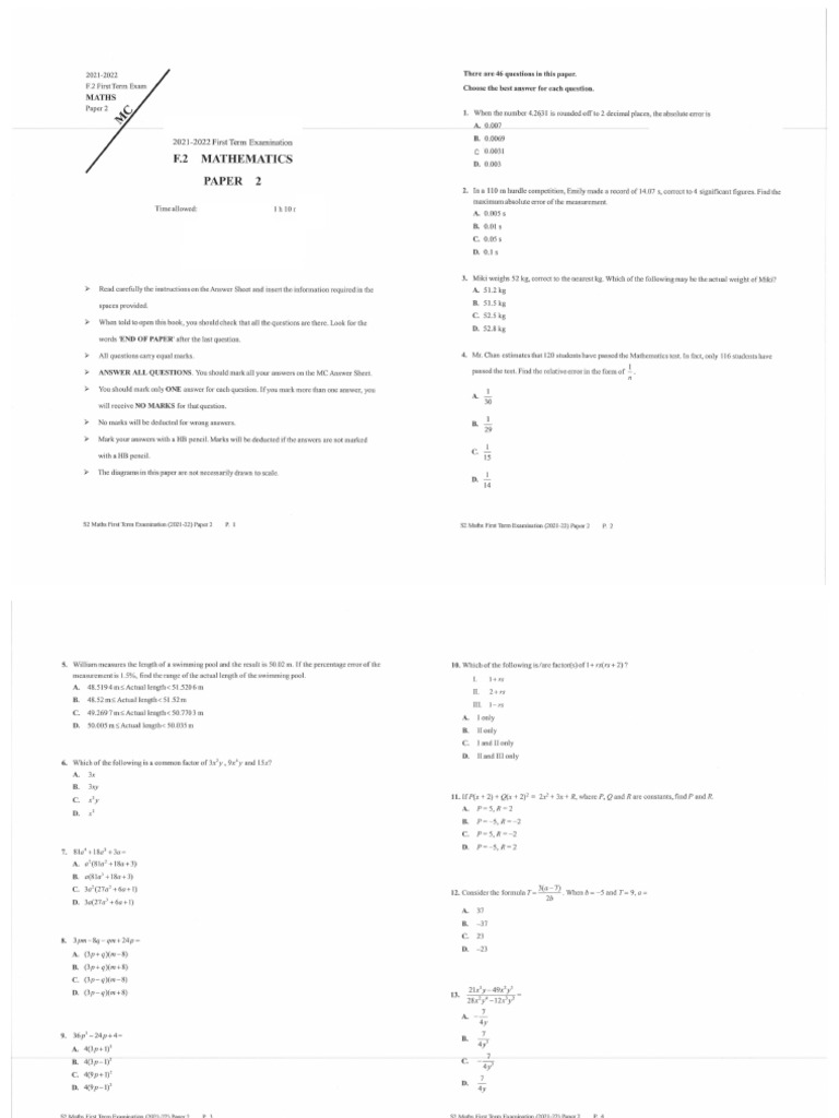 2021-2022 HW F2 First Term Exam | PDF