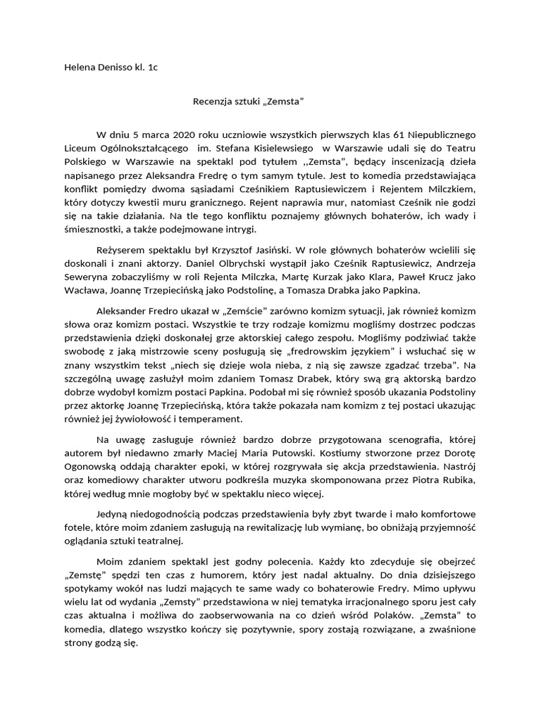 Zemsta Recenzja Spektaklu | PDF
