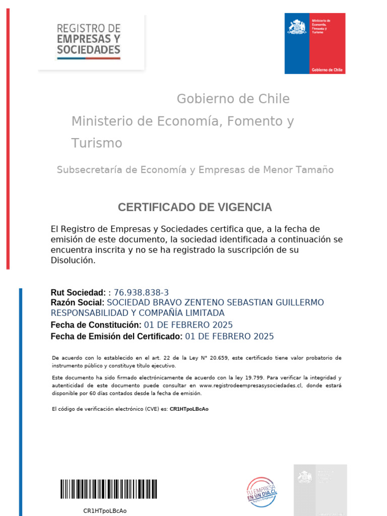 Certificado de Vigencia Chile 2025 | PDF