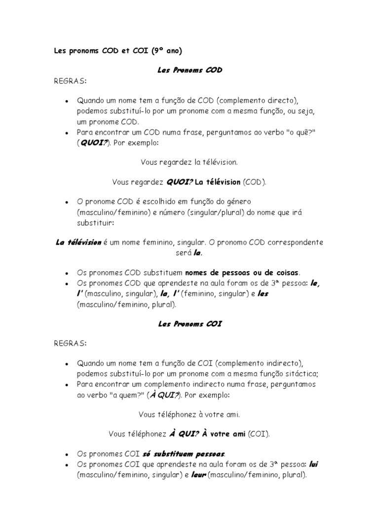 Pronomes COD e COI em Francês | PDF | Pronome | Sintaxe