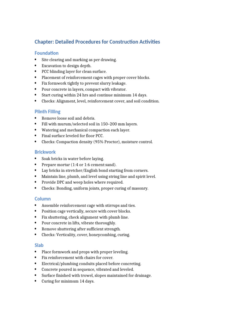 Detailed Procedures Construction Activities | PDF | Concrete | Masonry