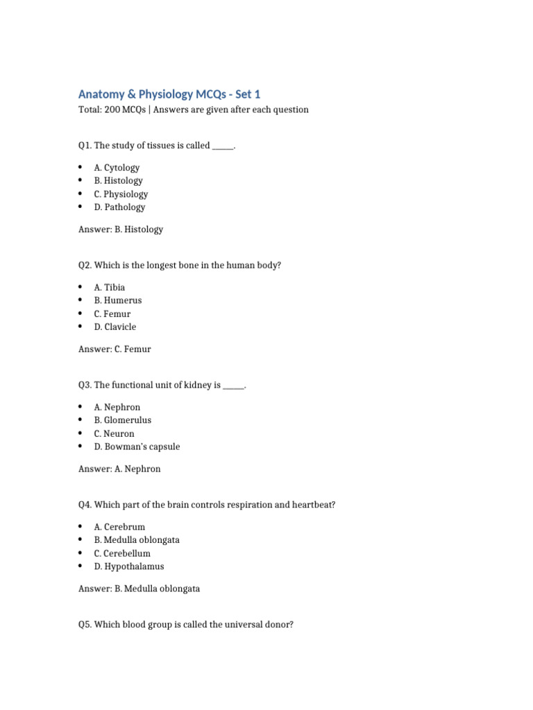Anatomy Physiology MCQs Set1 | PDF