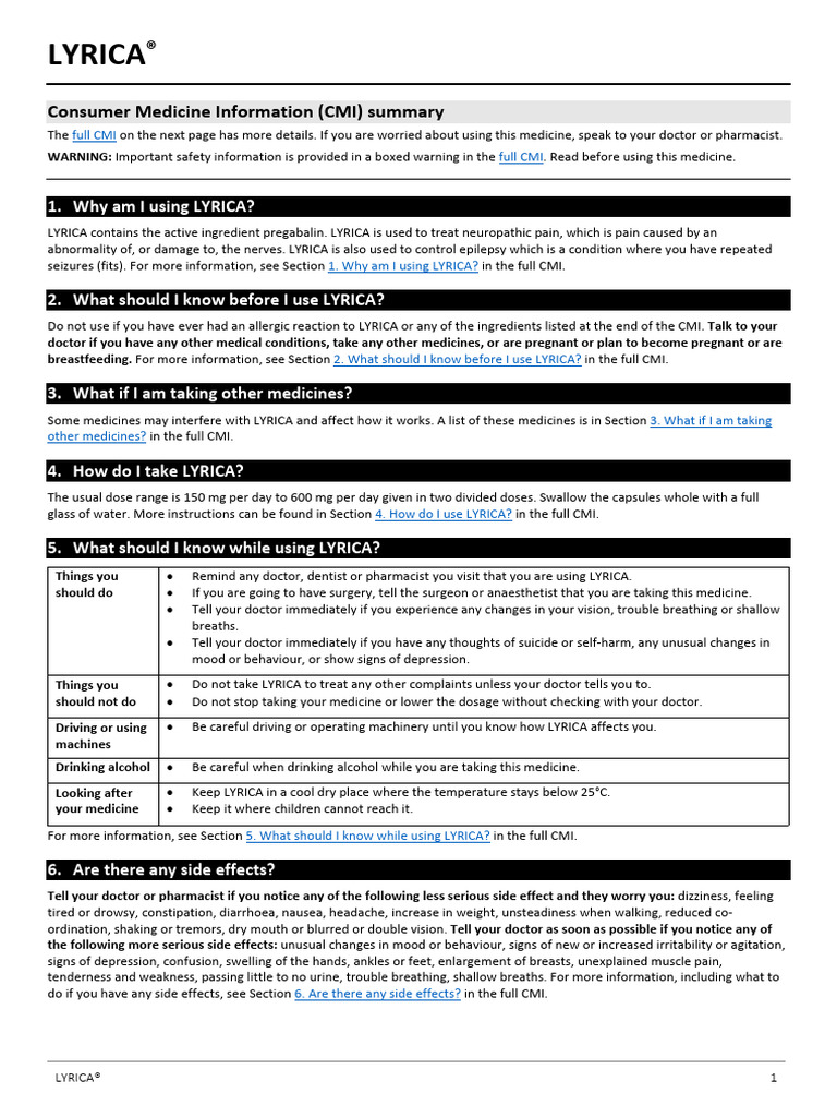 LYRICA®: Usage, Warnings, and Side Effects | PDF | Drugs Acting On The ...