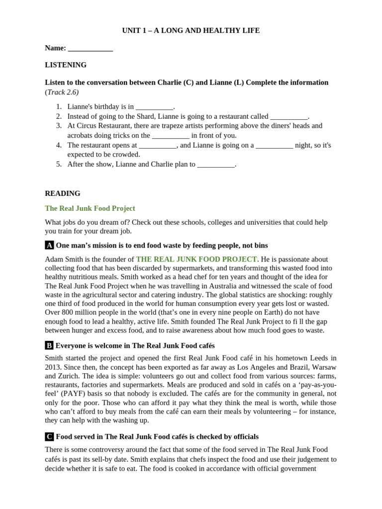 UNIT 1 Listening + Reading | PDF | Meal | Junk Food