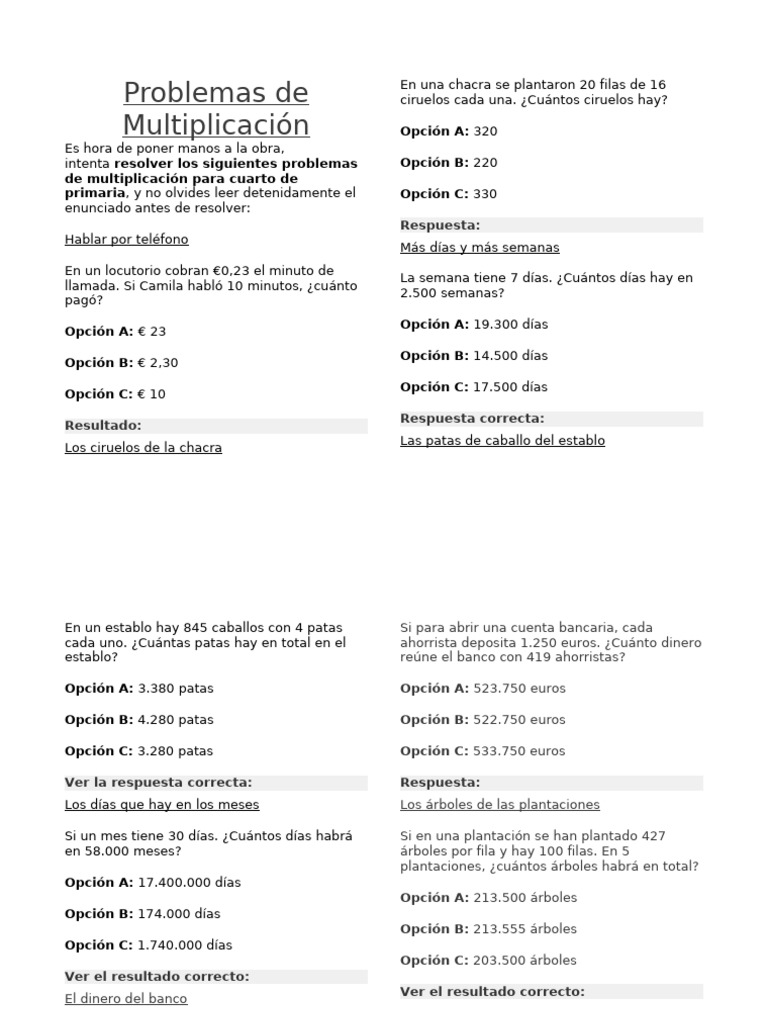 Problemas de Multiplicación para Primaria | PDF