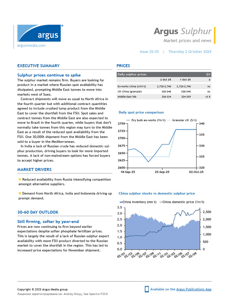 Argus Sulphur (2025-10-02) | PDF | Oil Refinery
