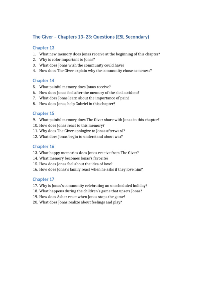 Chapter 13-23 Questions for The Giver | PDF | The Giver | Chess Theory