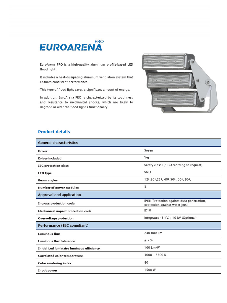 EuroArena PRO LED Flood Light Data Sheet | PDF | Light Emitting Diode ...