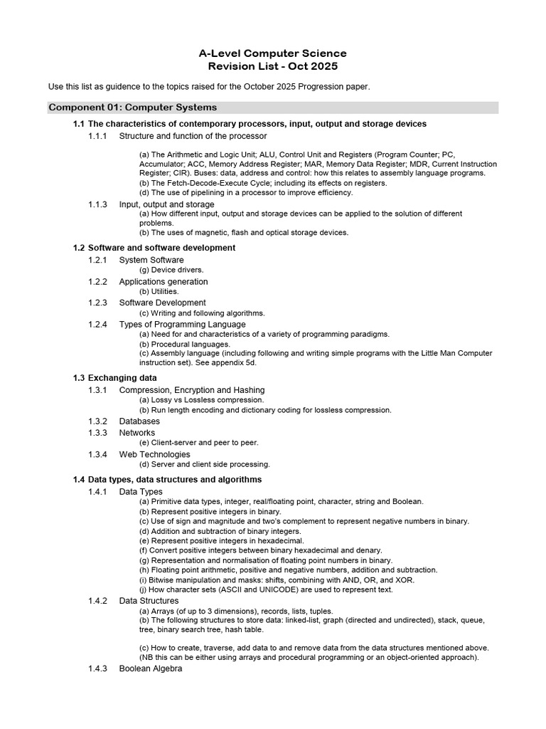 A-Level Revision List - Oct2025 | PDF | Computer Data Storage | Data ...