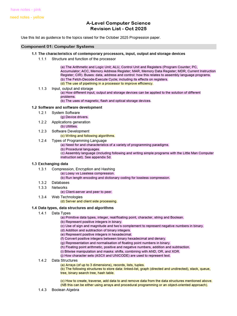 A-Level Revision List - Oct2025 CS | PDF | Computer Data Storage | Data Compression