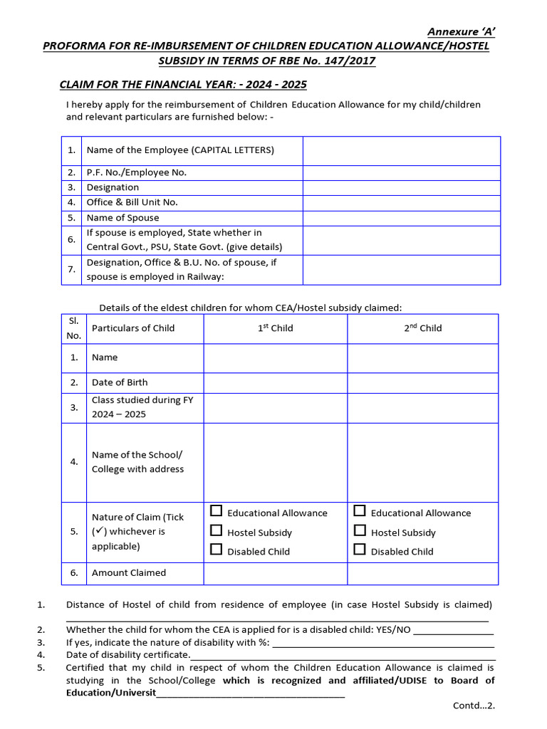CEA/Hostel Subsidy Reimbursement Form | PDF