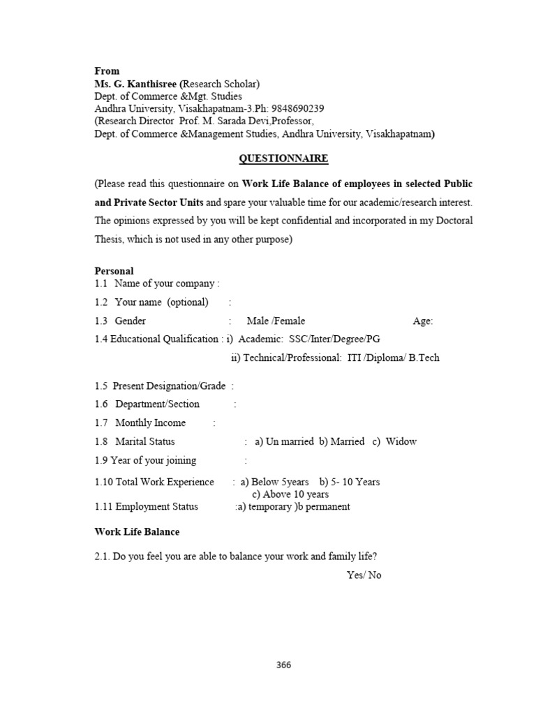 Work-Life Balance Questionnaire for Employees | PDF | Performance ...