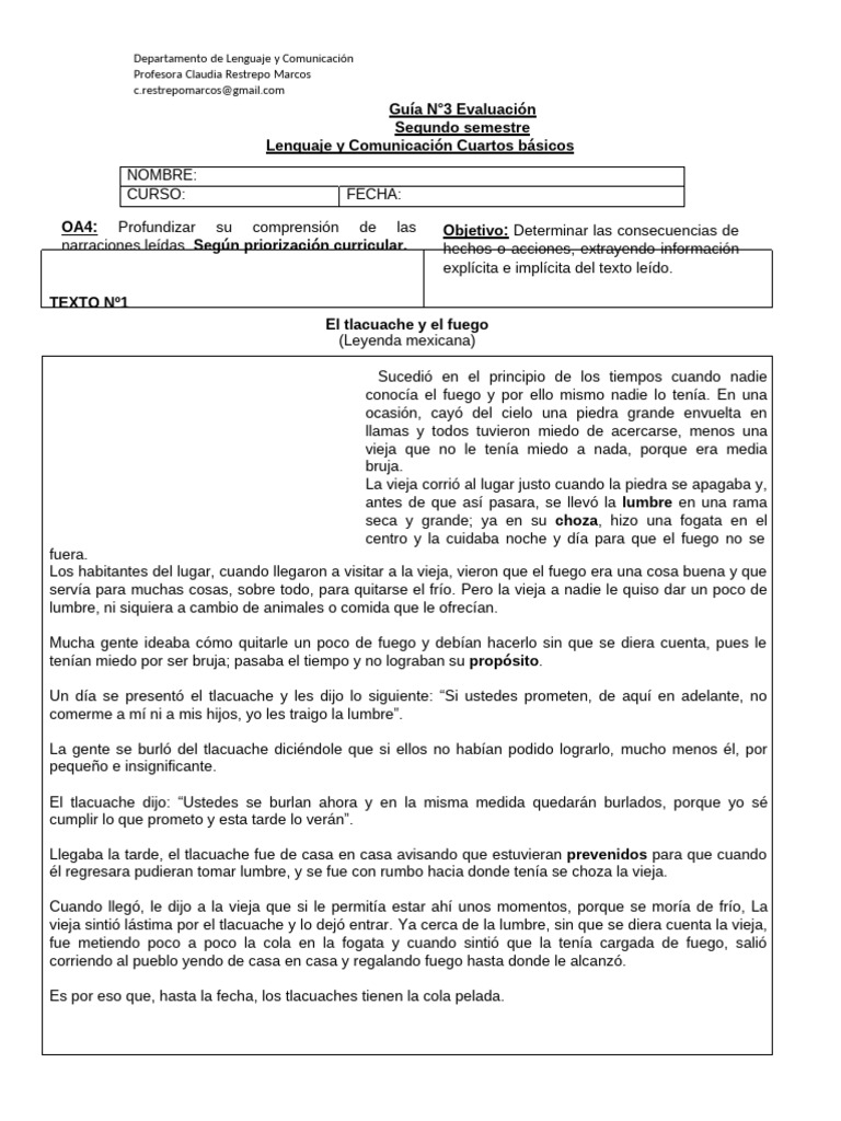 Evaluación de Comprensión Lectora: Leyenda | PDF