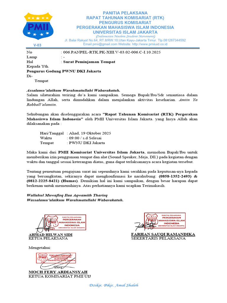 Surat Peminjaman Tempat PWNU | PDF