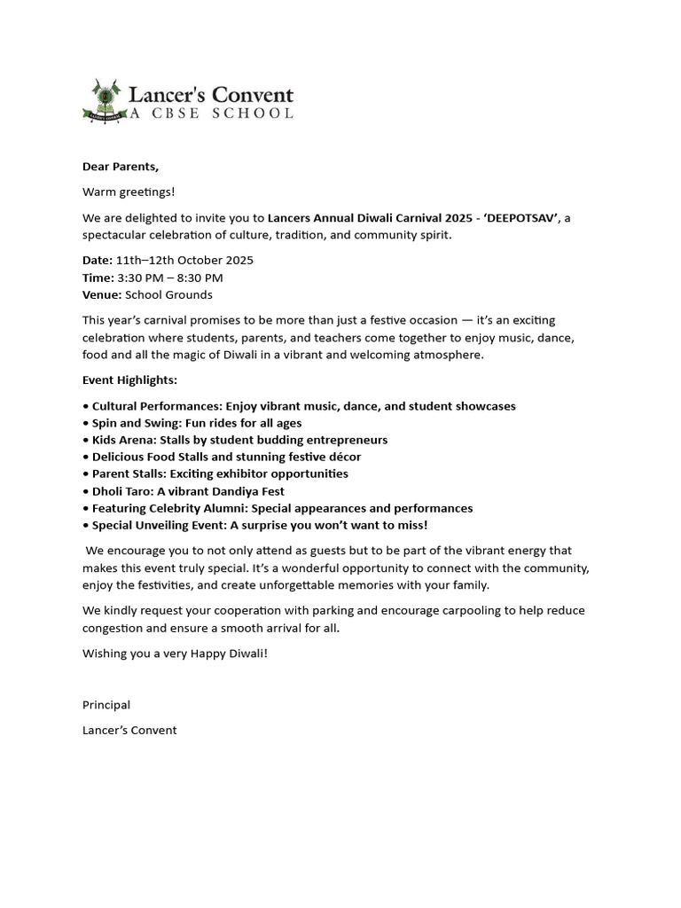 Lancers Diwali Carnival 2025 Invitation | PDF