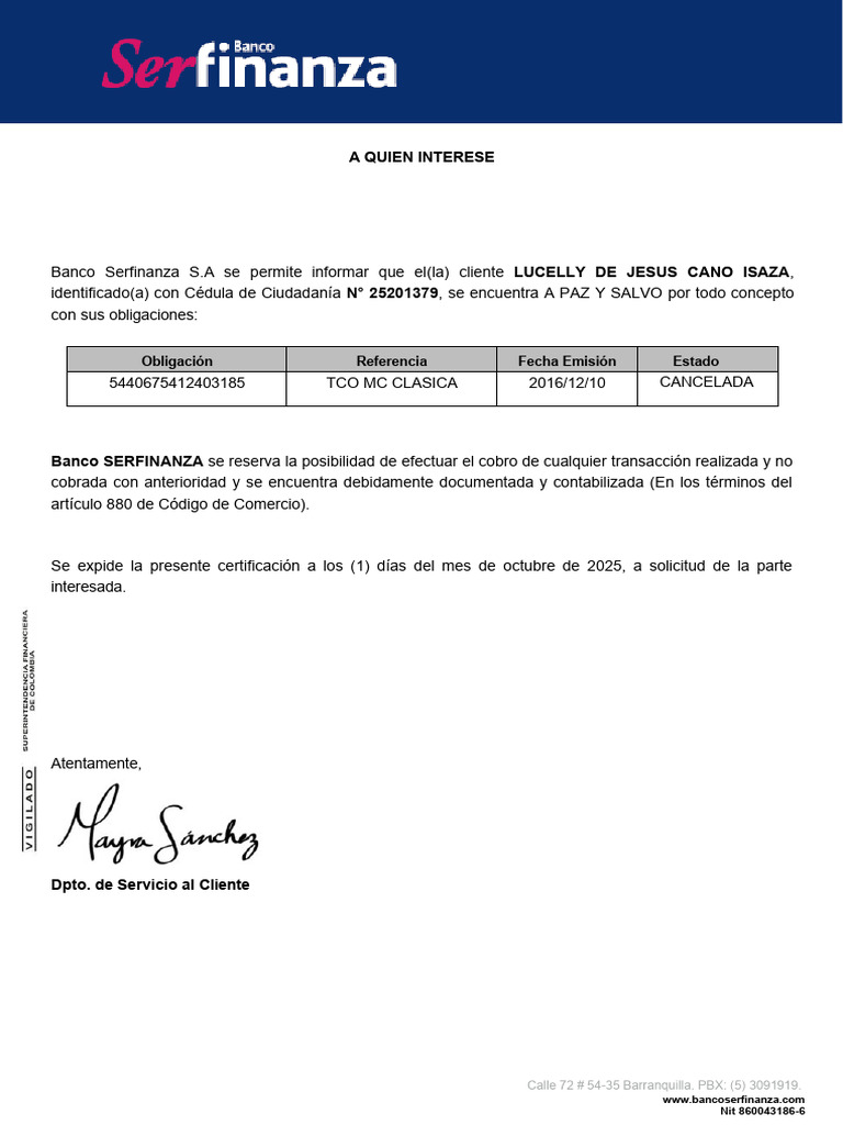 Certificación de Paz y Salvo - Banco Serfinanza | PDF