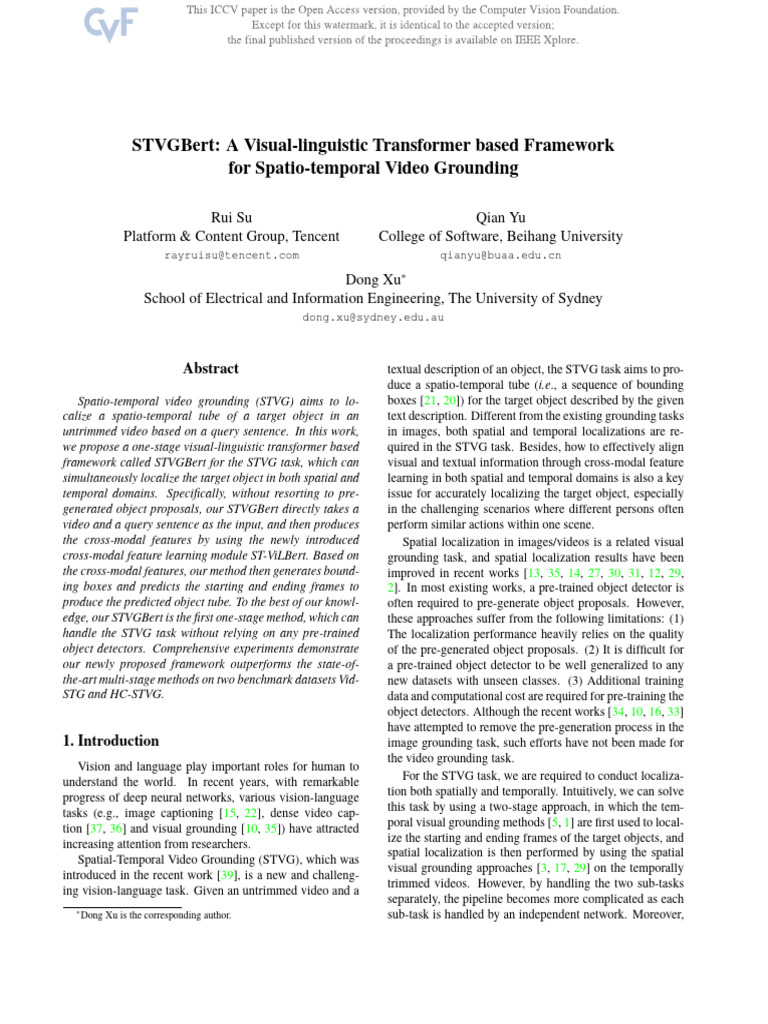 Su STVGBert A Visual-Linguistic Transformer Based Framework For Spatio-Temporal Video Grounding ...
