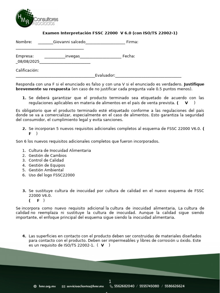 Examen Interpretación FSSC V6.0 Food Ok | PDF | Seguridad alimenticia