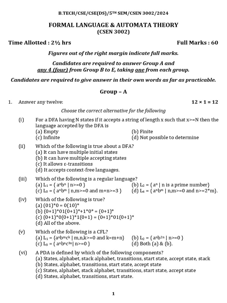 Formal Language & Automata Theory-Csen 3002 - 2024 | PDF | Automata ...