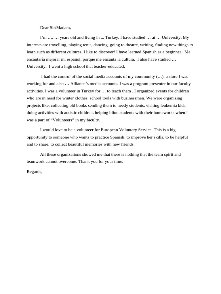 Motivation Letter for Spanish Volunteering | PDF