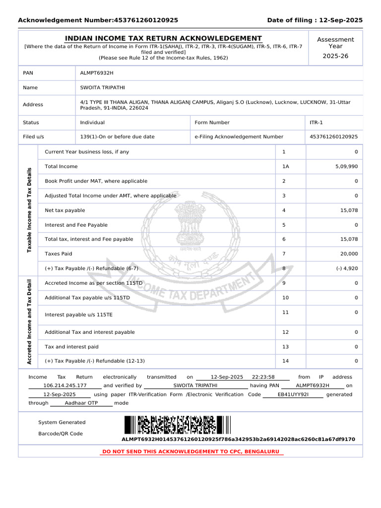 Acknowledgement PDF ITR1 | PDF | Taxes | Economies