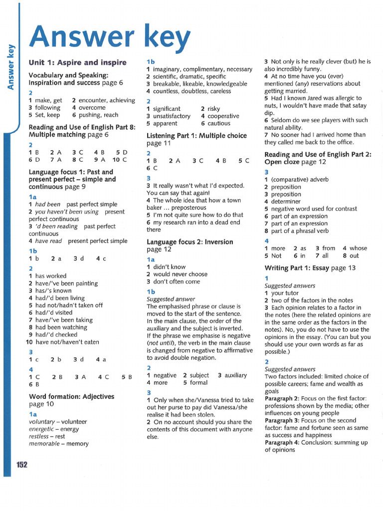 Answer Key - Straight To Advanced Student's Book | PDF