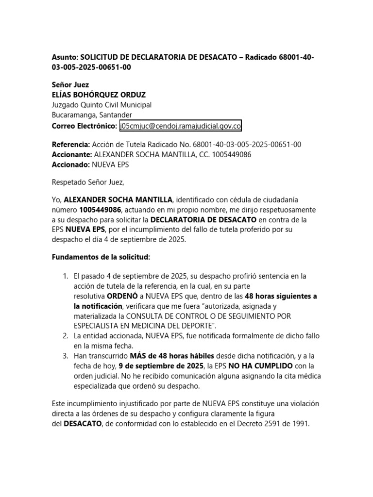 Solicitud de Desacato contra NUEVA EPS | PDF