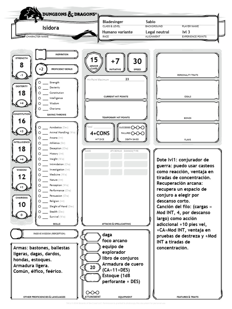 Ficha de Personaje: Bladesinger Nivel 3 | PDF | Puntería | Armas de ...