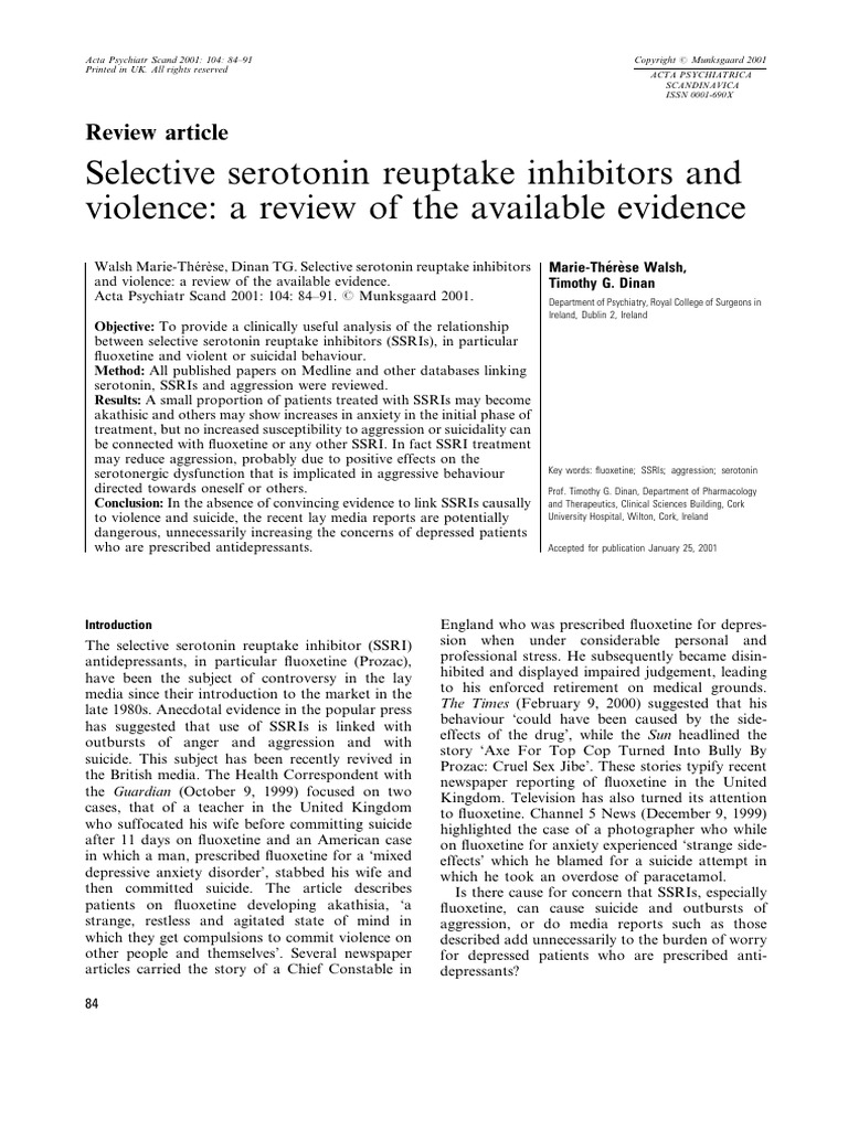 Acta Psychiatr Scand - 2003 - Walsh - Selective Serotonin Reuptake Inhibitors and Violence A ...