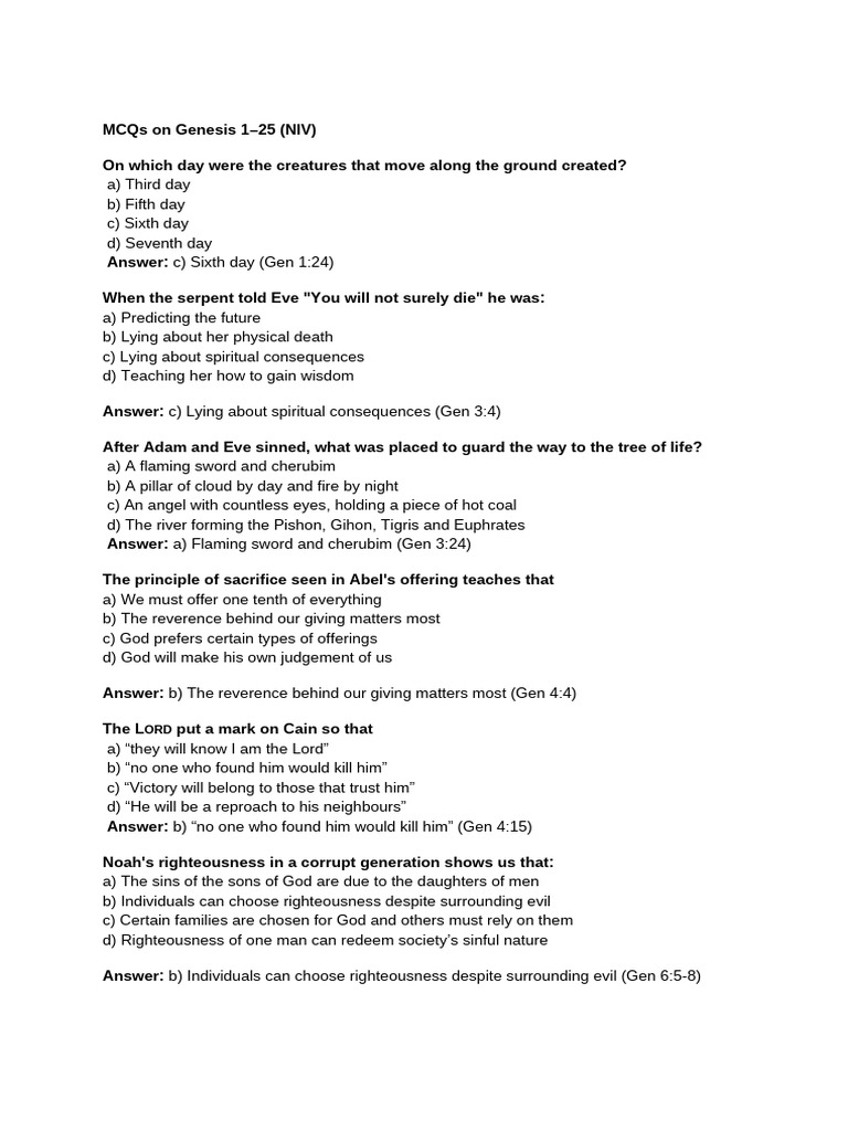 MCQs on Genesis 1-25 (NIV) | PDF | Abraham | Ishmael