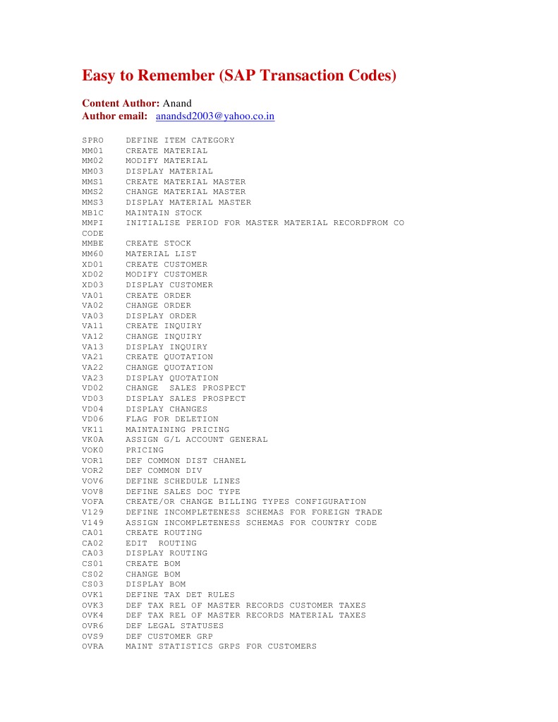 Essential SAP Transaction Codes Guide | PDF | Invoice | Business